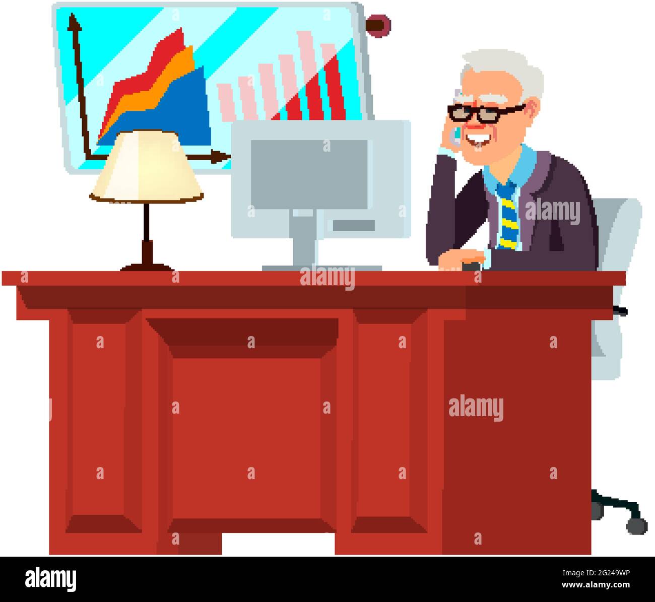 old man ceo speaking on phone and checking financial report on computer ...