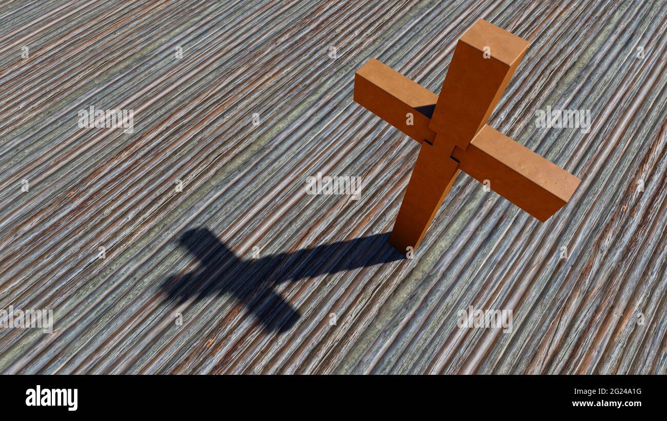 Concept or conceptual metal rusted cross on a natural wood or wooden ...