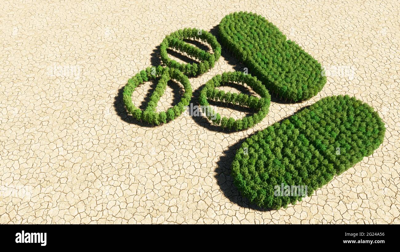 Concept or conceptual group of green forest tree on dry ground ...
