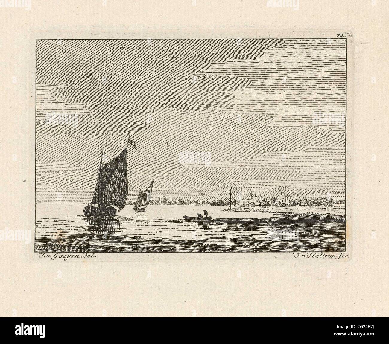 River face with sailing ships and a sloop. Two sailing ships and a ...