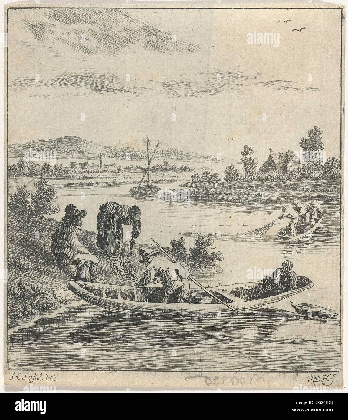 Fishermen on a river. Fishermen engaged in their nets on the shore of a ...