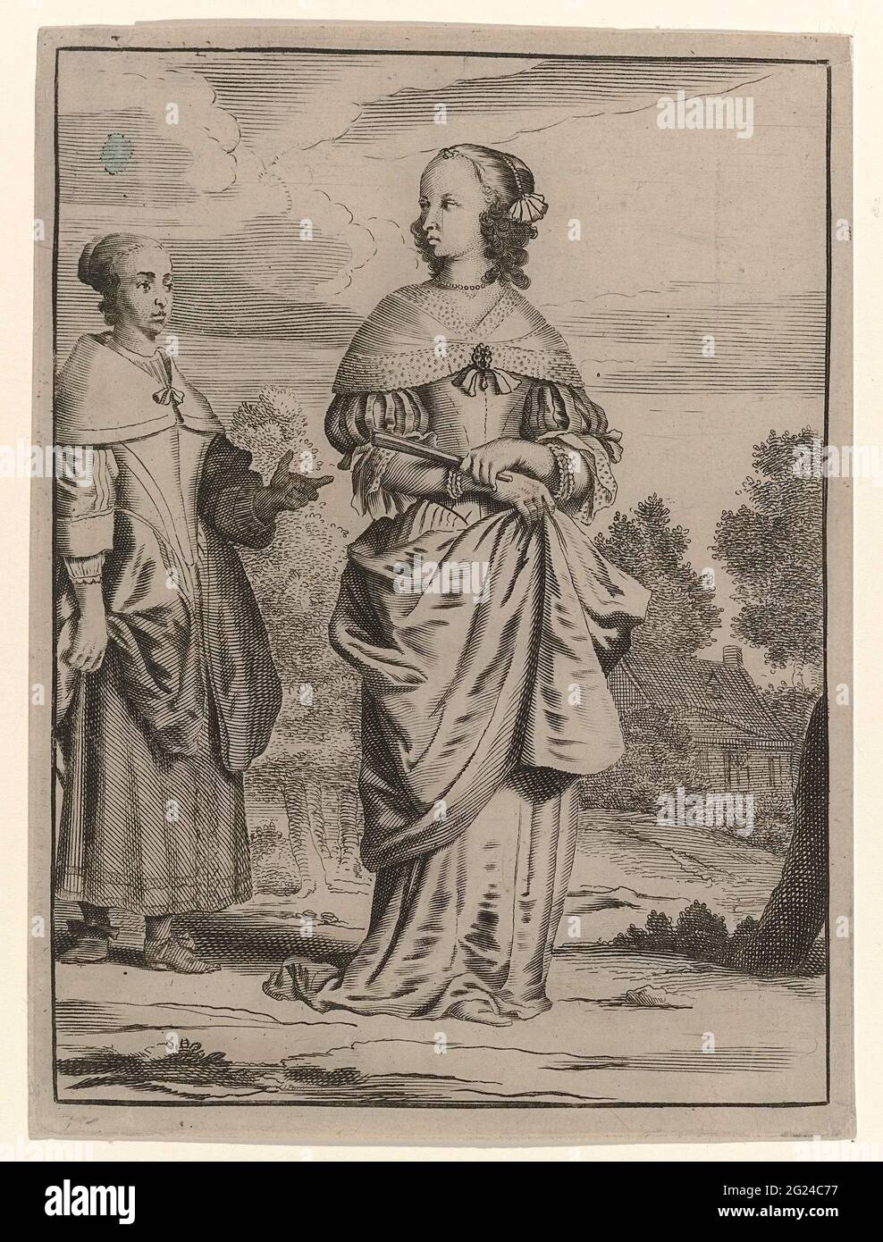 Lady dressed according to fashion of approx. 1660, and her maid ...