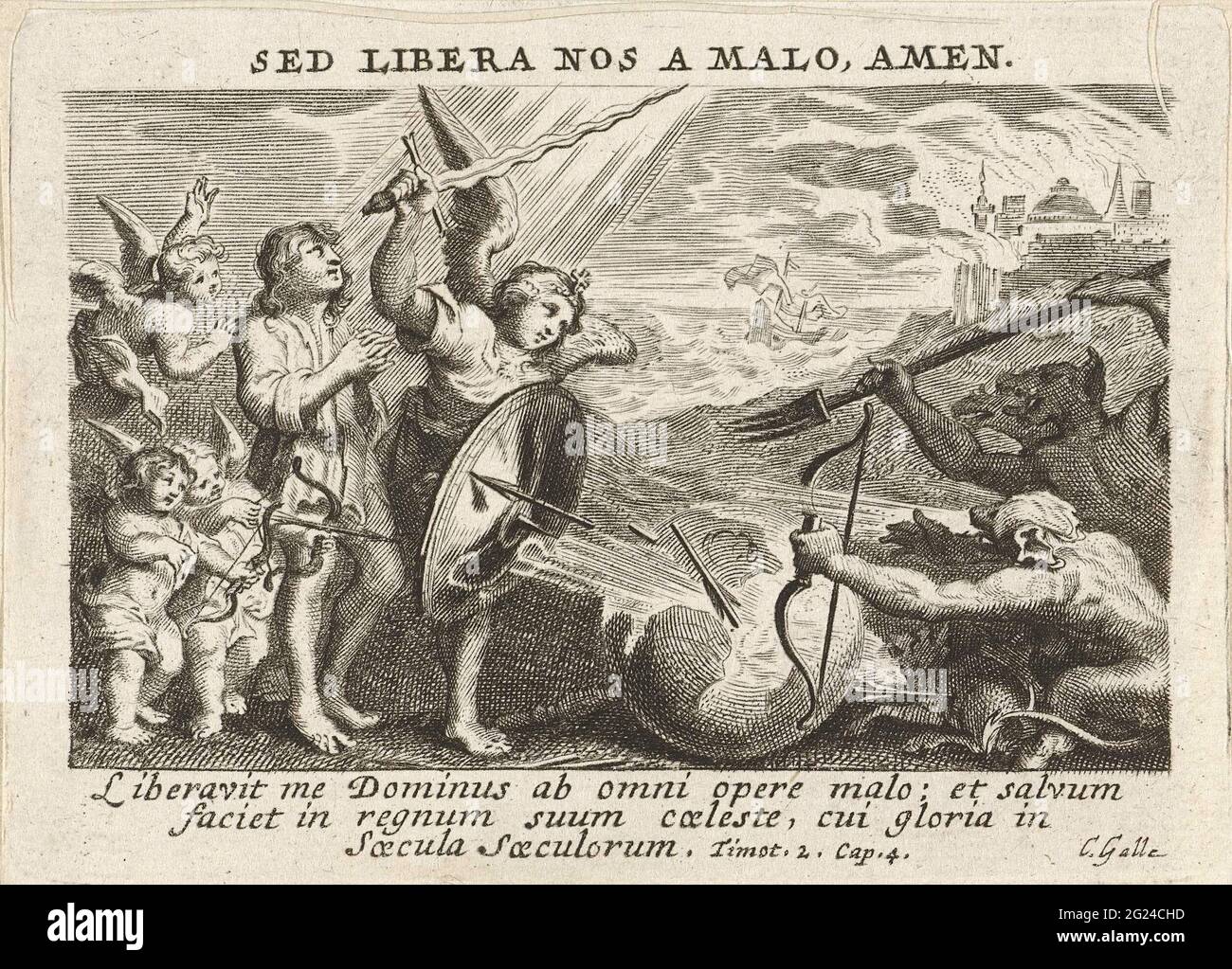 Engel defends people for evil. Depiction of Mat. 6.13: Do not bring us ...