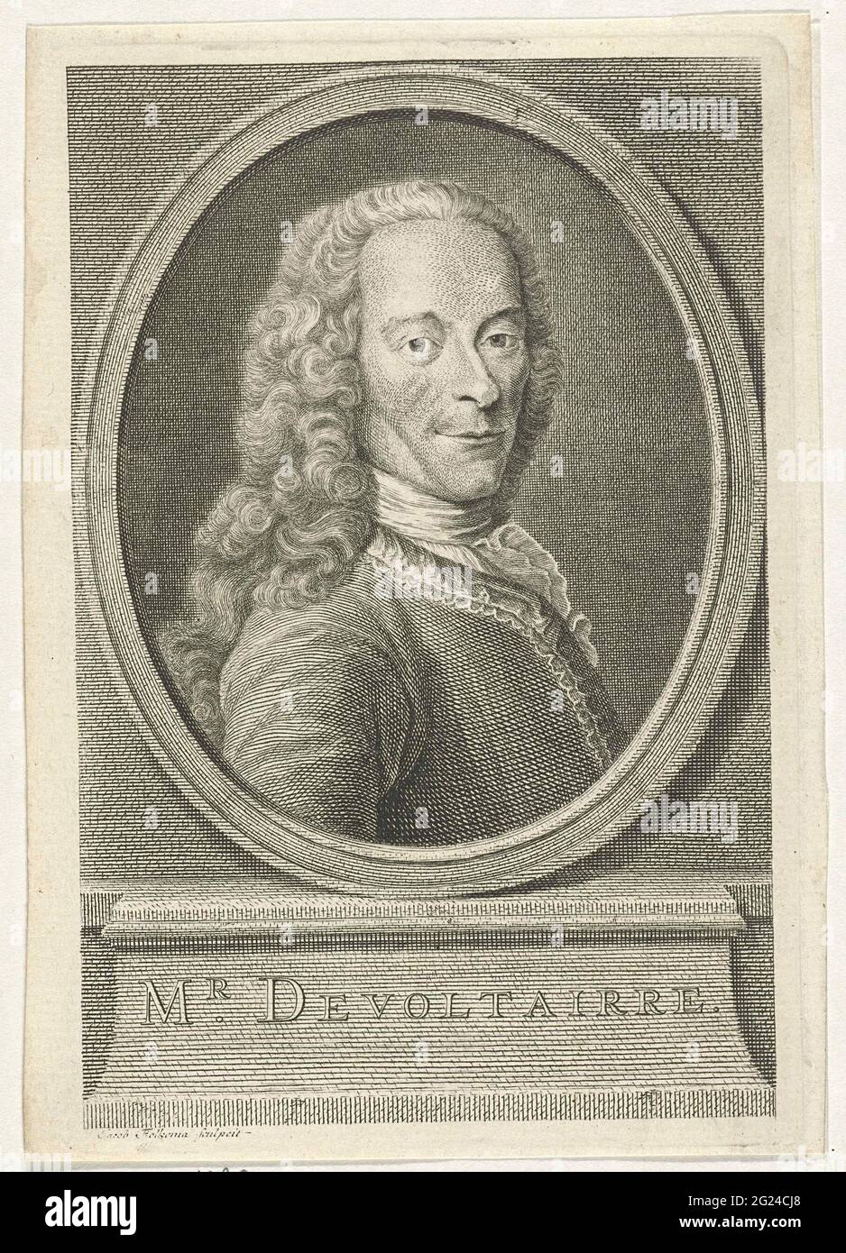 Portrait of Voltaire. Portrait bust in oval to the right of the French ...