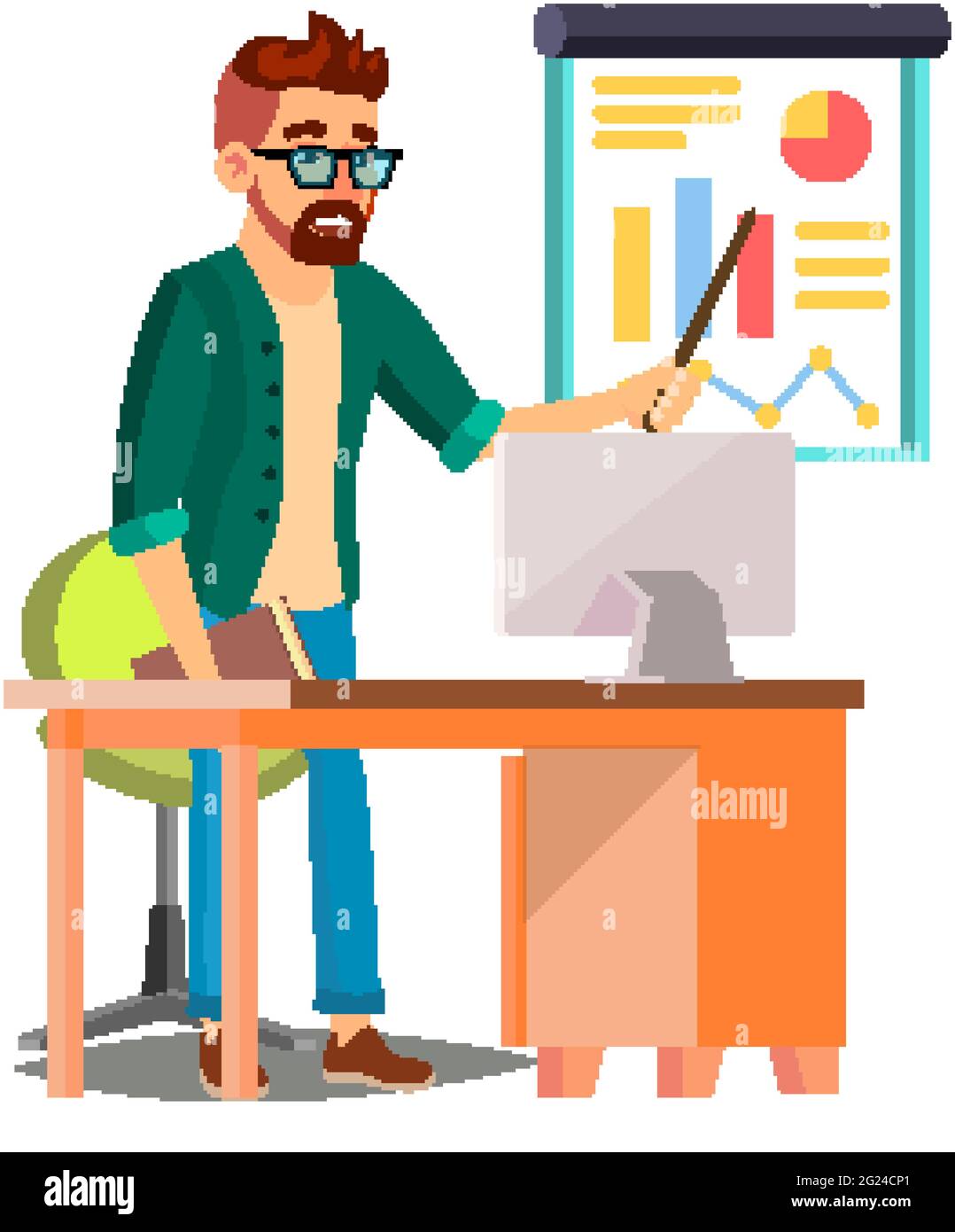 young man manager reporting seasonal sales infographic on meeting ...