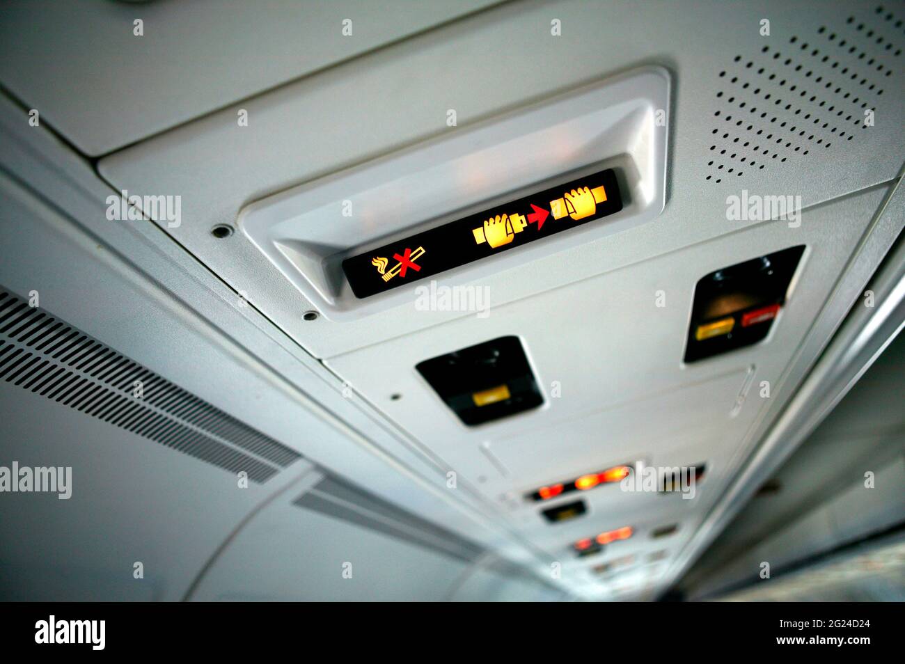 Safety signs in airplane Stock Photo - Alamy