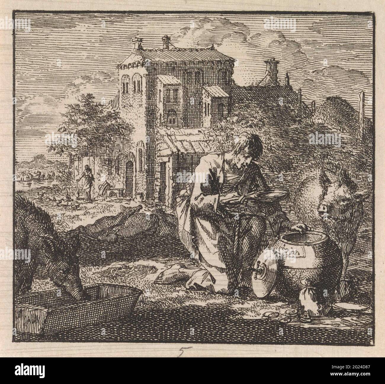 Poor man is sitting between the boar and takes food from a barrel in ...