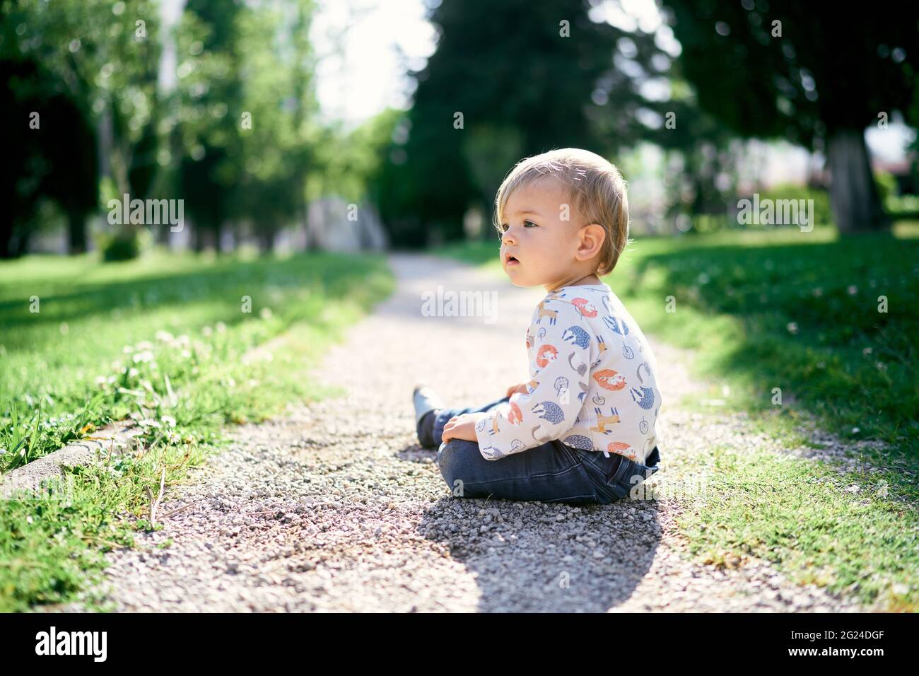 Toddler sits on the path in the park Stock Photo - Alamy
