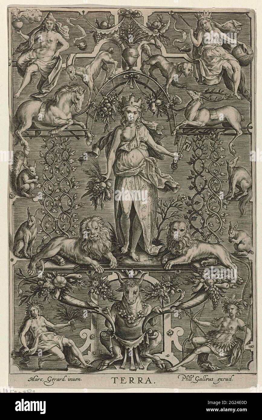 Soil; Terra; The four elements. The personification of earth surrounded ...