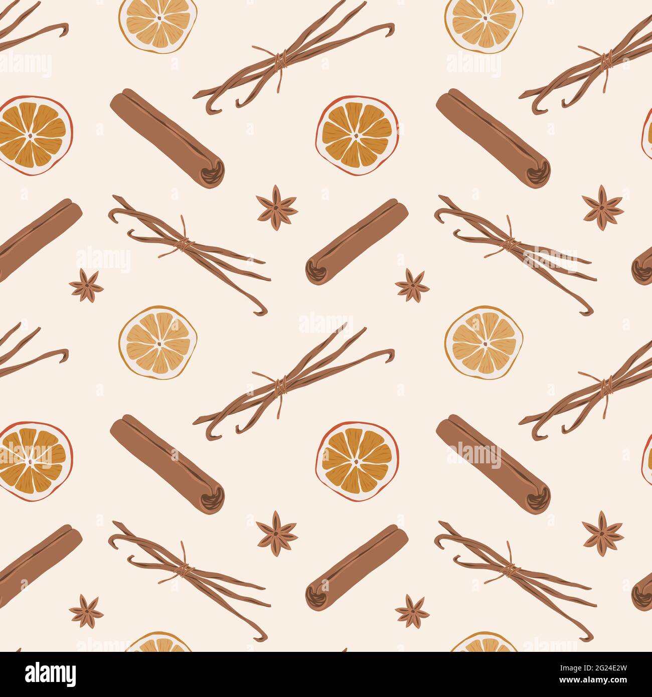 Spice pattern, cinnamon, vanilla and dried orange slice, anise stars illustration, seamless ...
