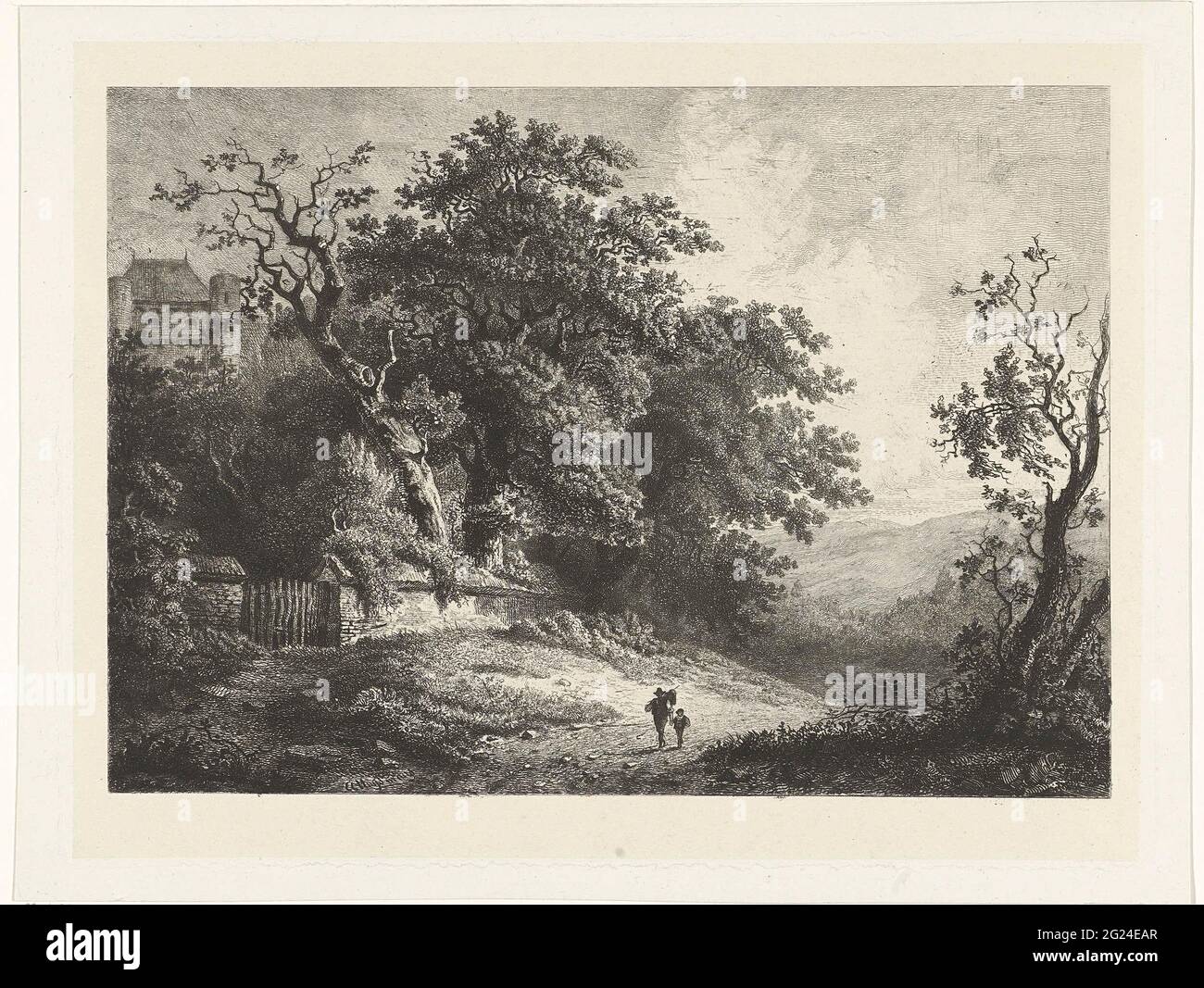 Landscape with trees and castle. A man and boy walking on a road. On ...