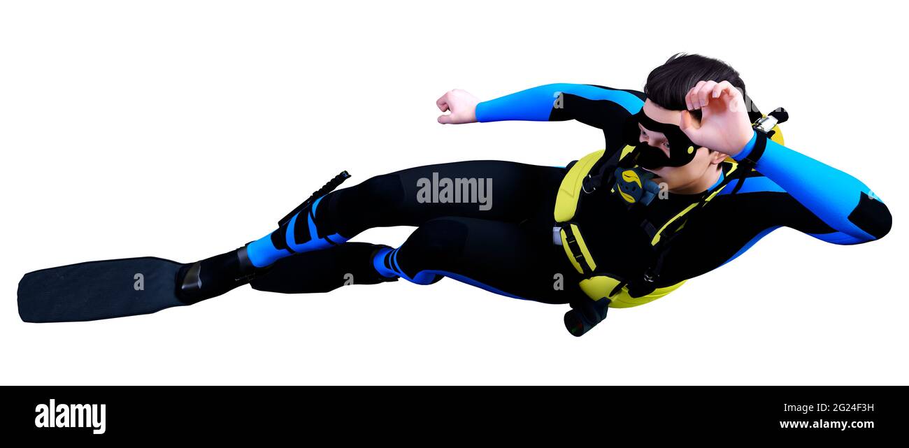 3D rendering of a young male diver isolated on white background Stock ...