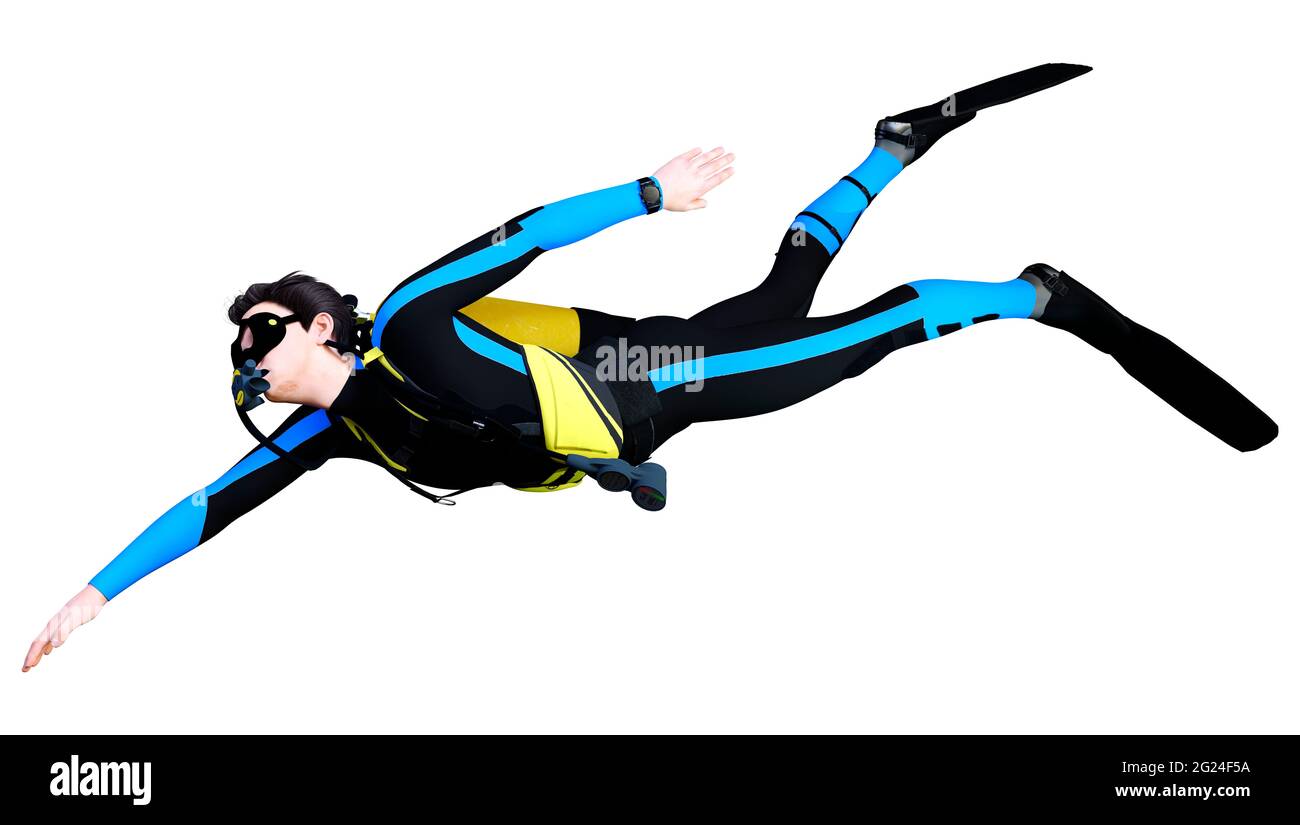 3D rendering of a young male diver isolated on white background Stock ...