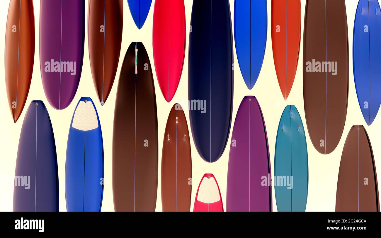 Top view of different surfboards side by side and facing each other in ...