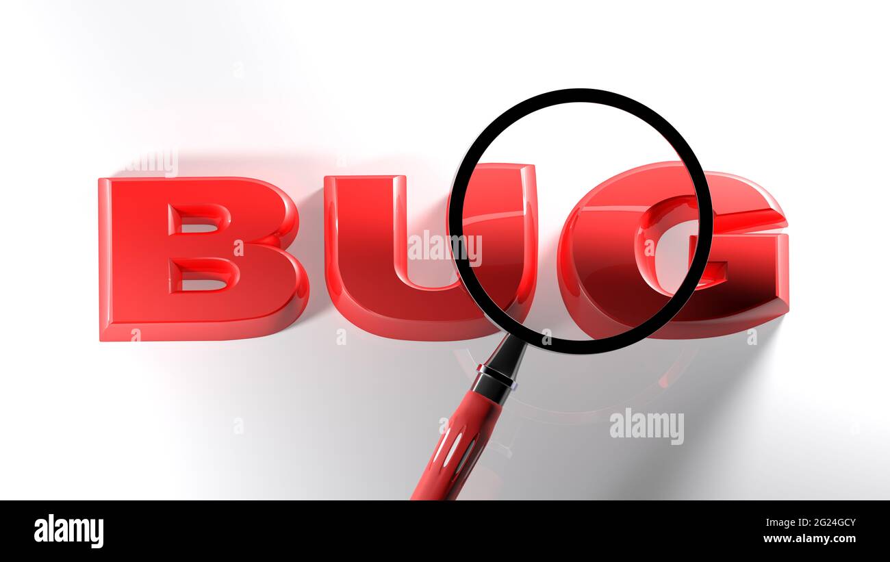 Red write BUG on white surface, under a magnifier lens - 3D rendering ...