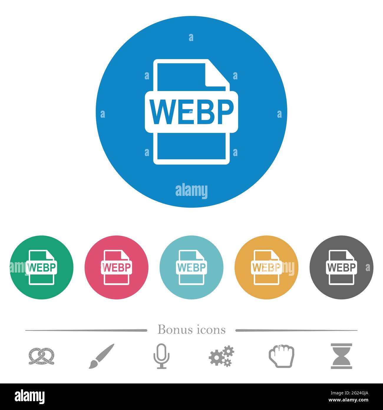 WEBP file format flat white icons on round color backgrounds. 6 bonus ...