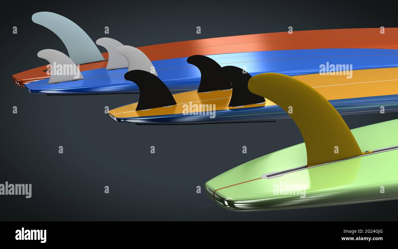 Different side by side and opposite surfboards in different colors - 3d ...