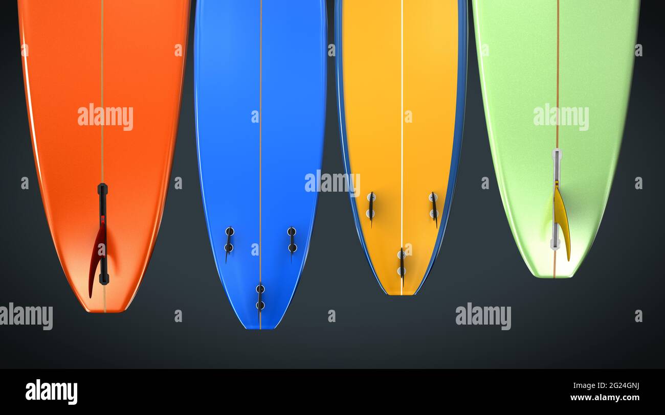 Different side by side and opposite surfboards in different colors - 3d ...