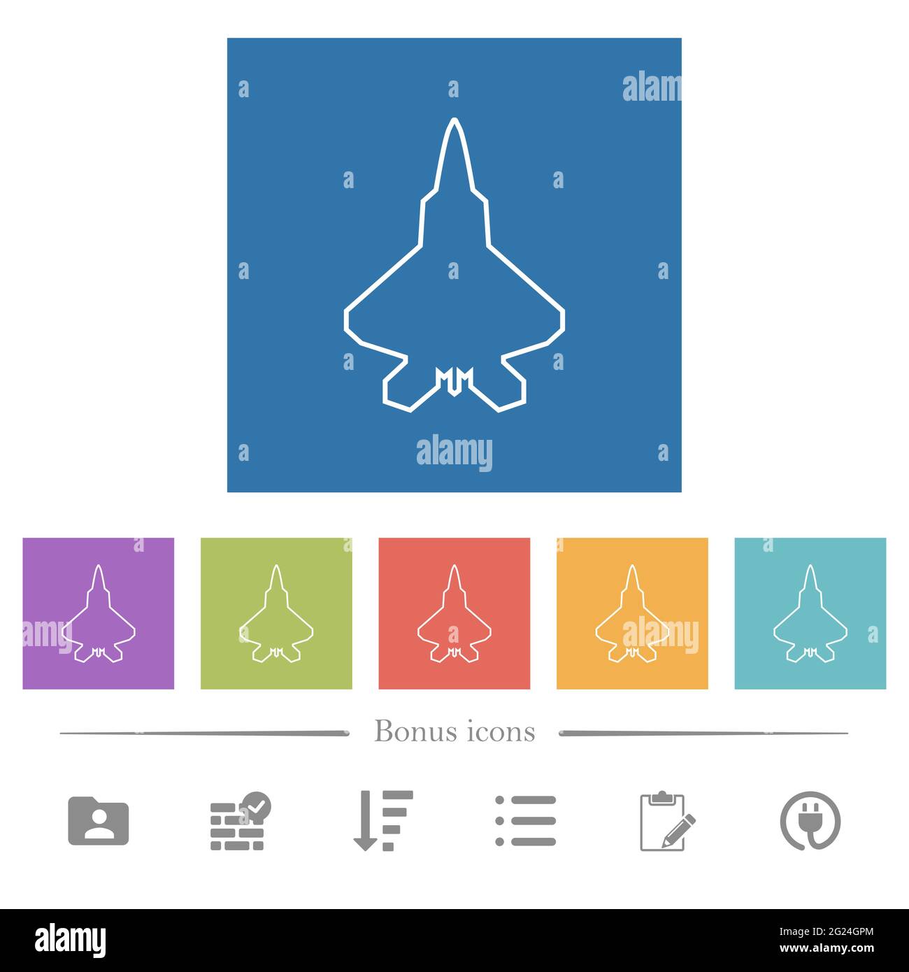 Jet fighter outline flat white icons in square backgrounds. 6 bonus ...