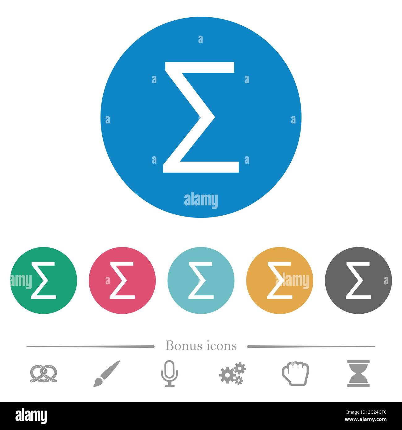Sum symbol flat white icons on round color backgrounds. 6 bonus icons ...