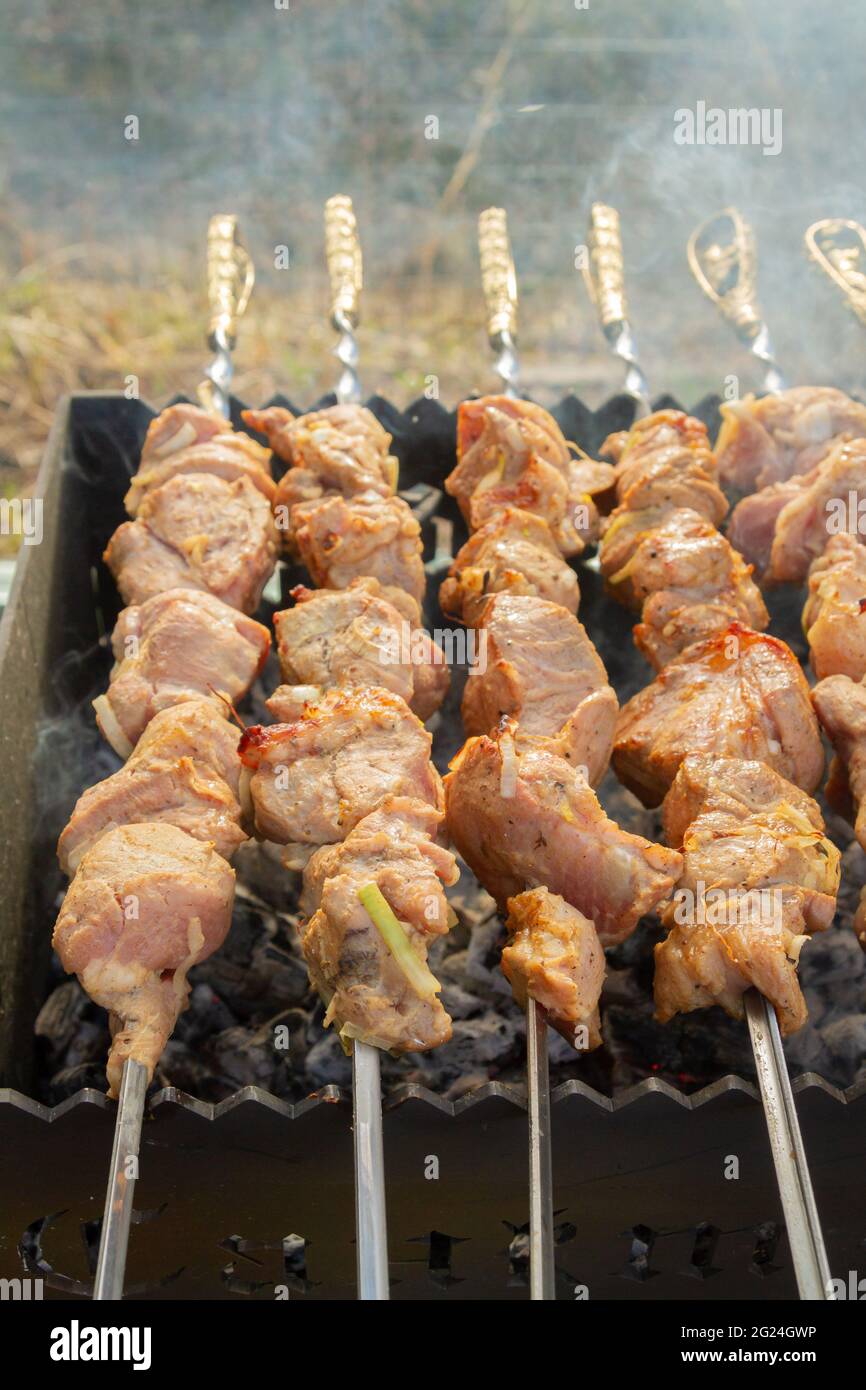 Shish Kebab made from pieces of pork is cooked on skewers on the grill ...