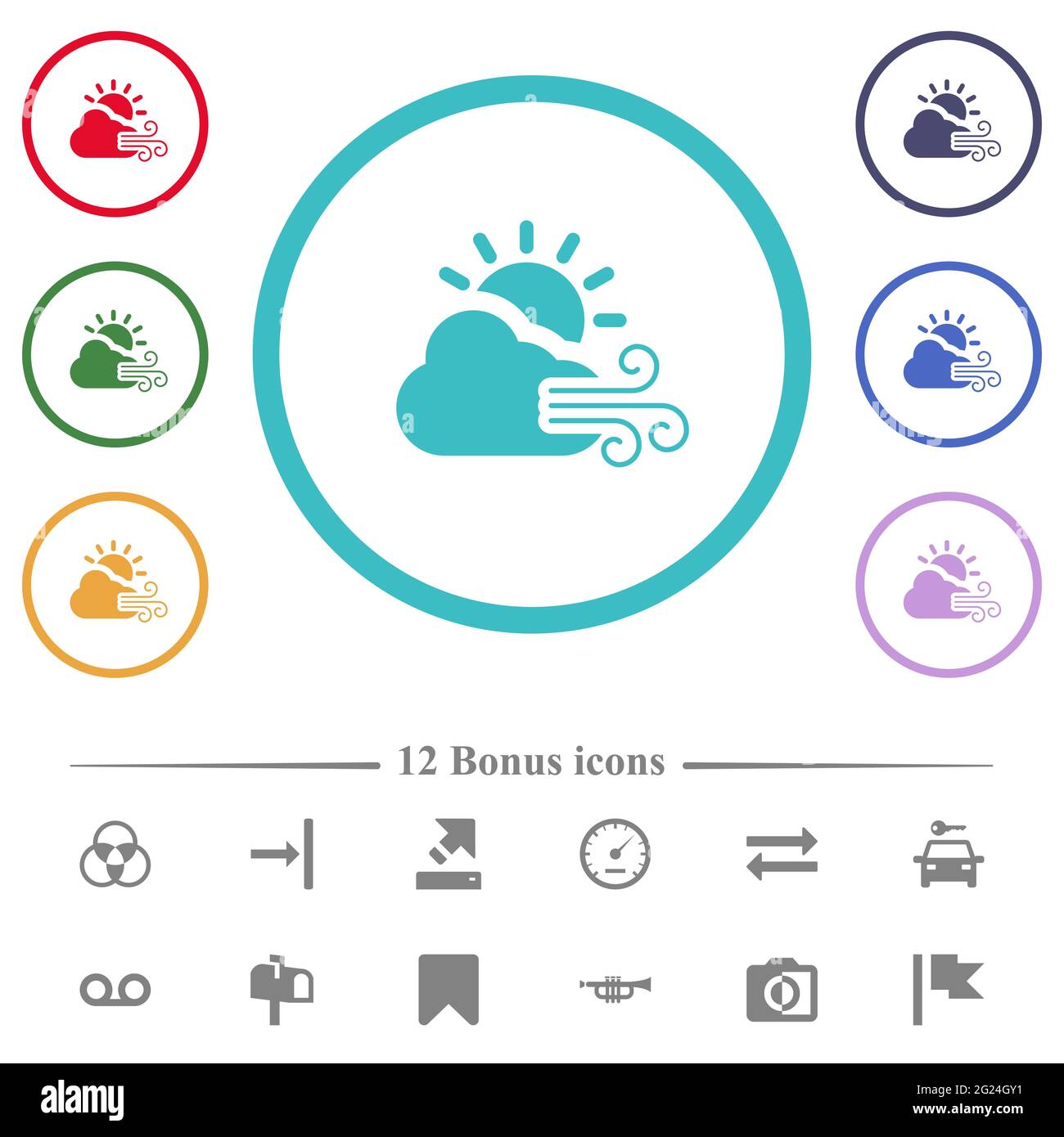 Sunny and windy weather flat color icons in circle shape outlines. 12 ...