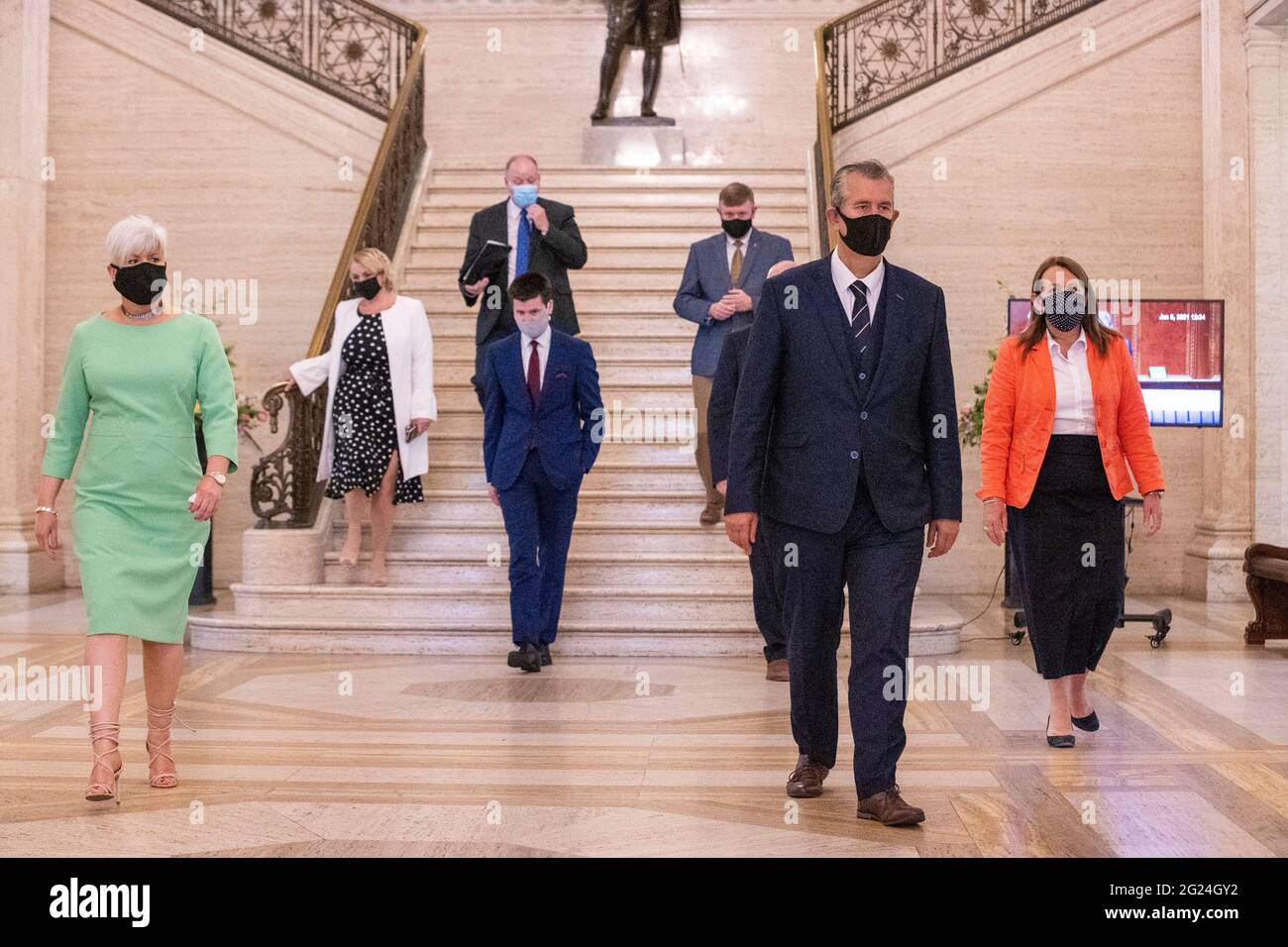 Leader of the DUP Edwin Poots (second from right) with party colleagues ...