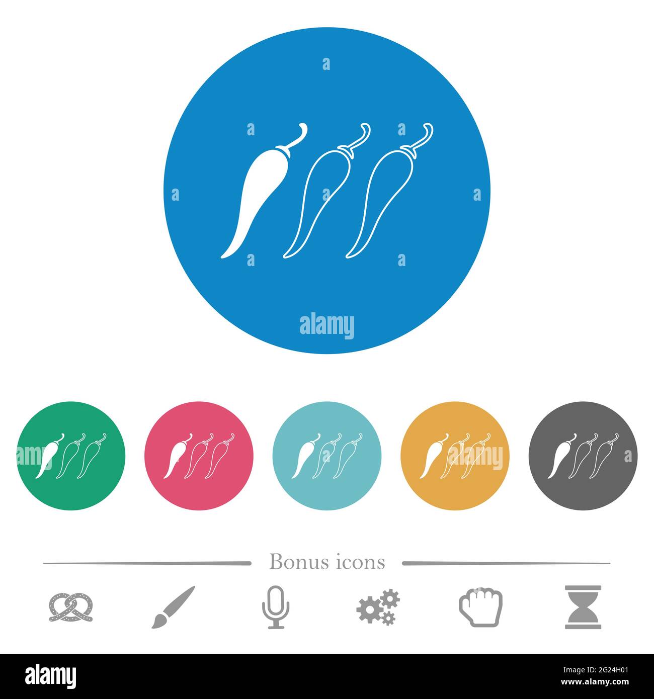 Mild chili pepper level flat white icons on round color backgrounds. 6 ...