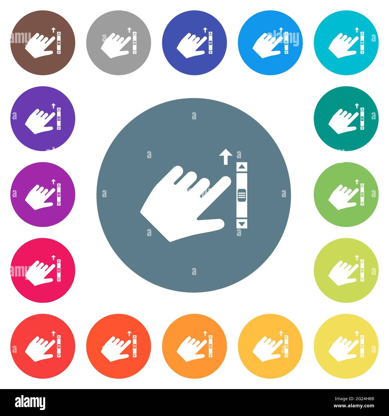 Left handed scroll up gesture flat white icons on round color ...