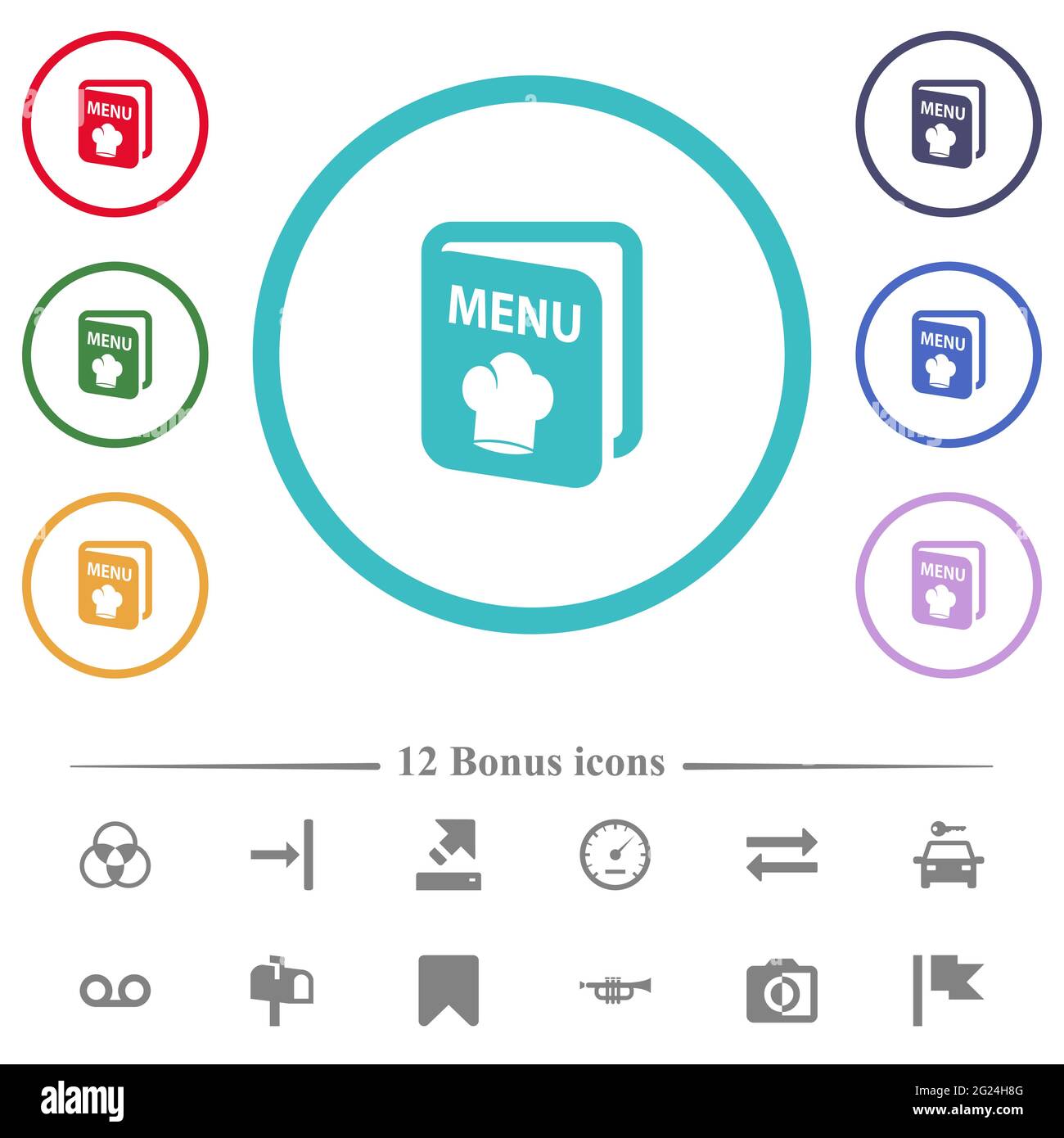 Menu with chef hat flat color icons in circle shape outlines. 12 bonus ...