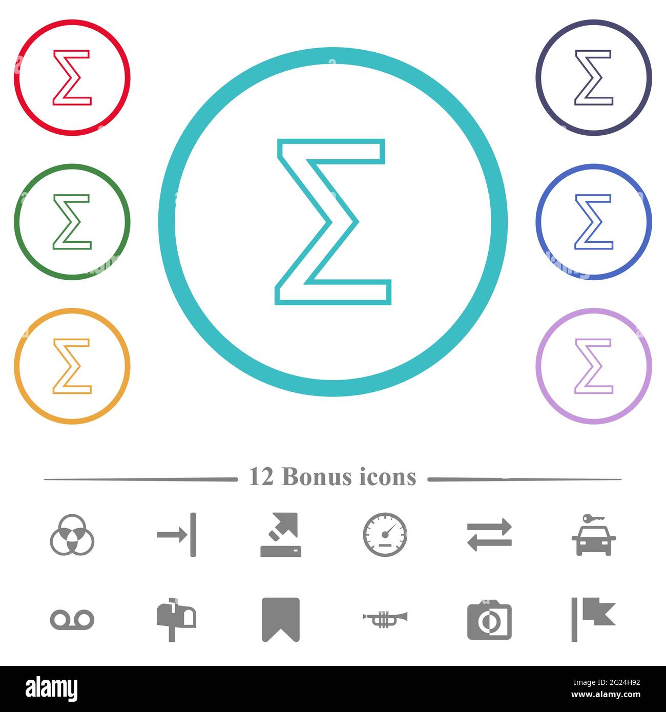 Sum symbol flat color icons in circle shape outlines. 12 bonus icons ...