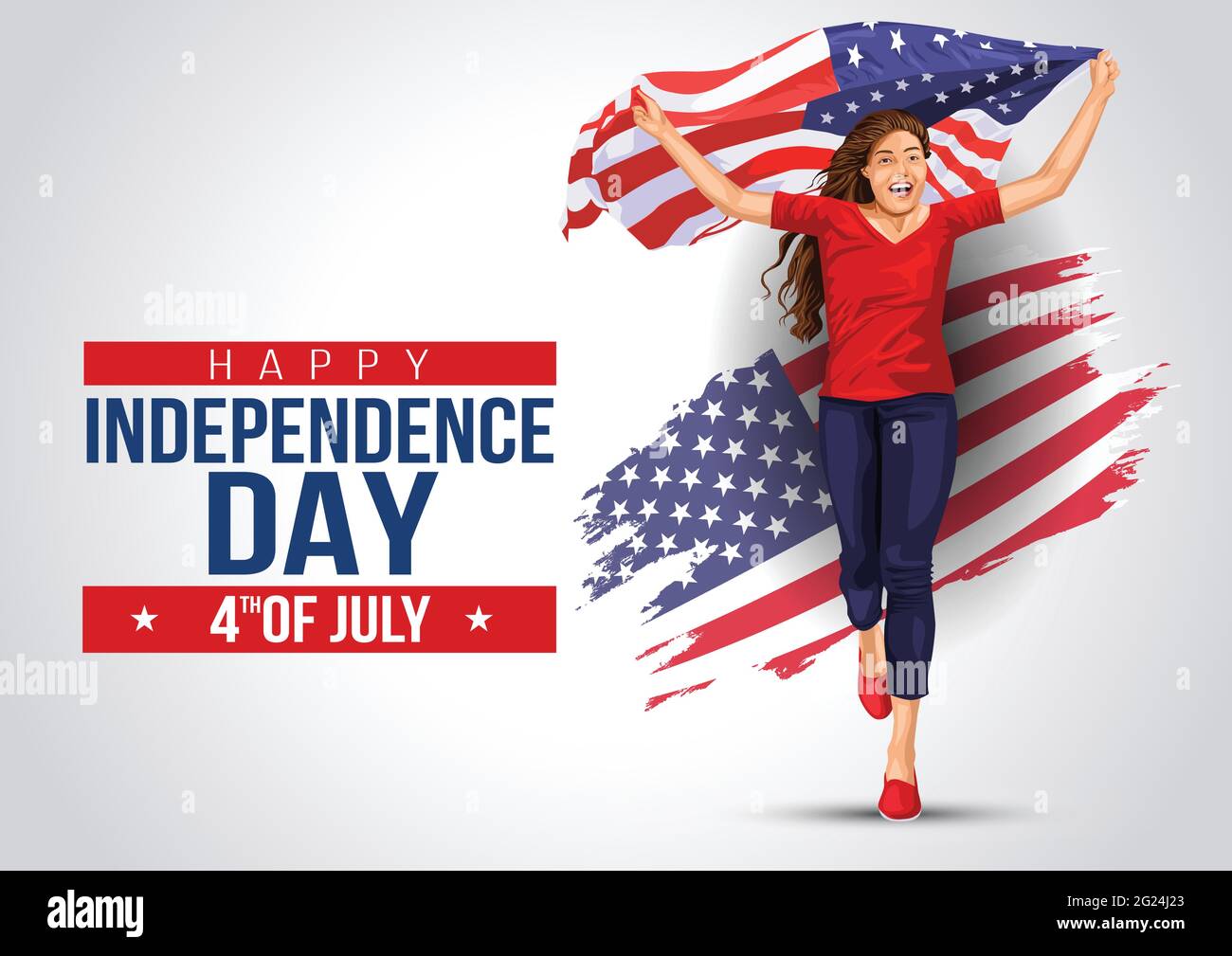 Front view. Girl with American flag runs in light background. USA ...