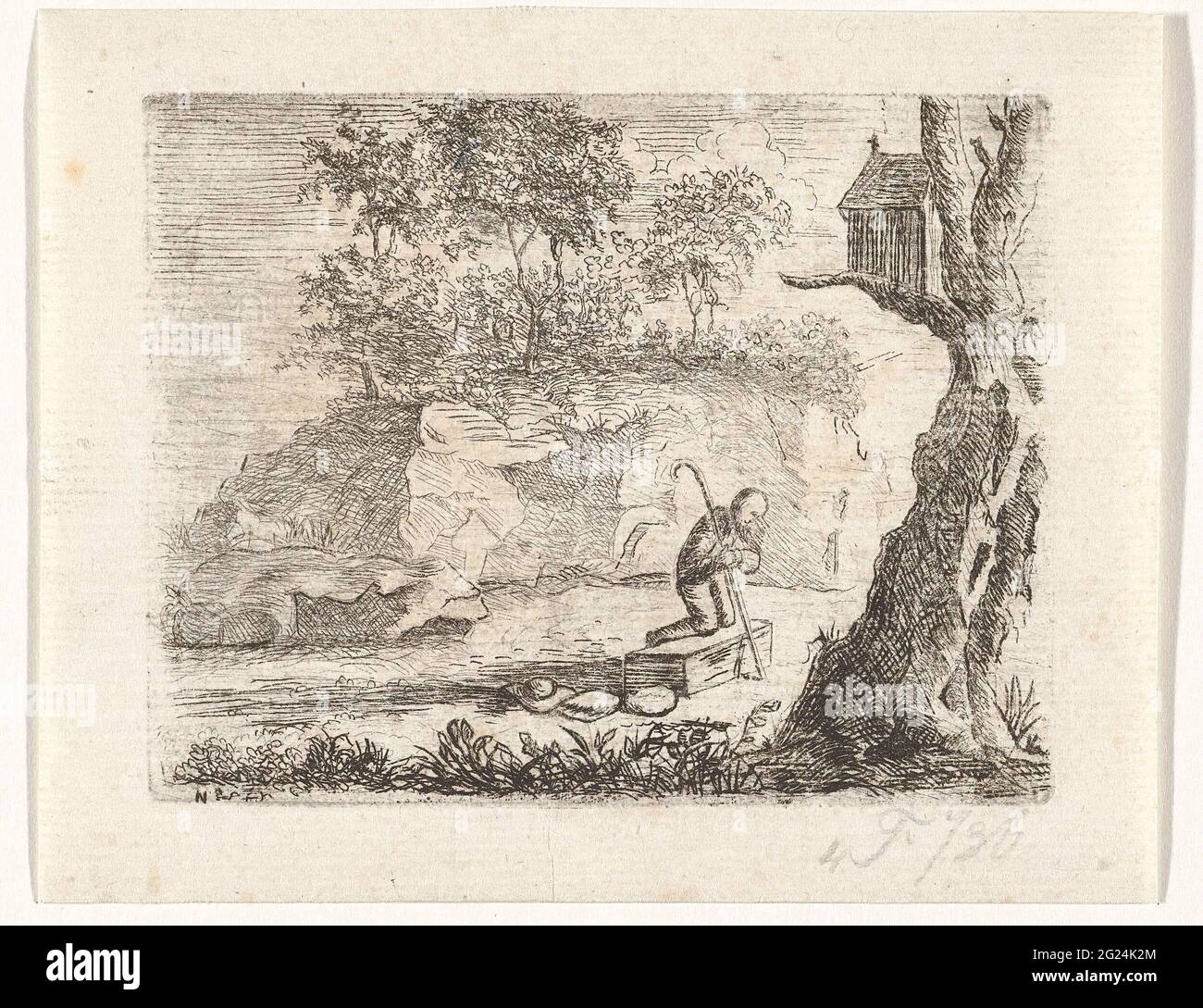 Praying pilgrim. In a landscape a pilgrim kneel for a chapel in a tree ...