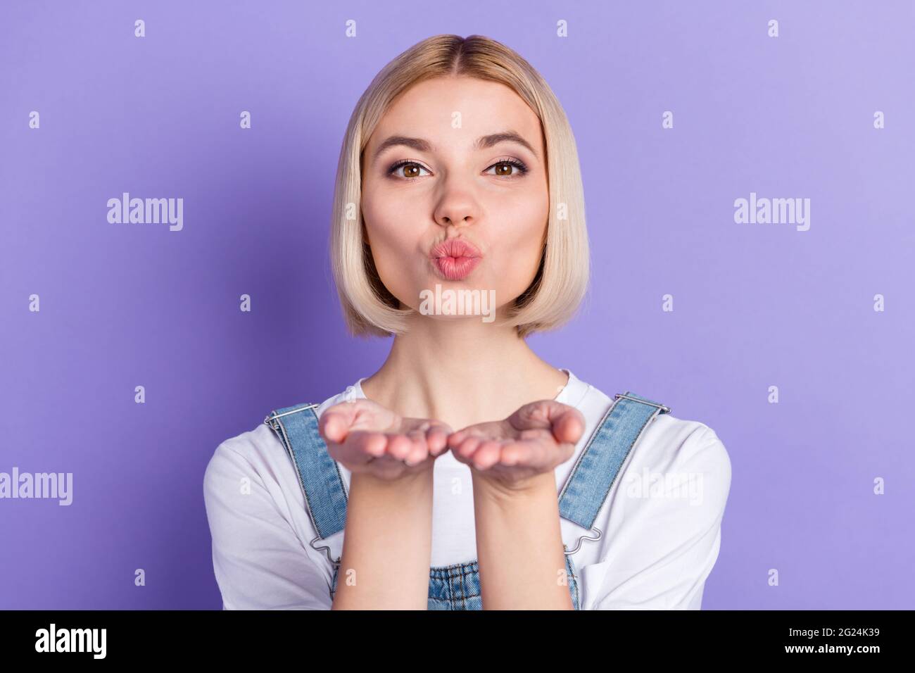 Photo Of Cute Optimistic Short Hairdo Blond Lady Blow Kiss Wear White T