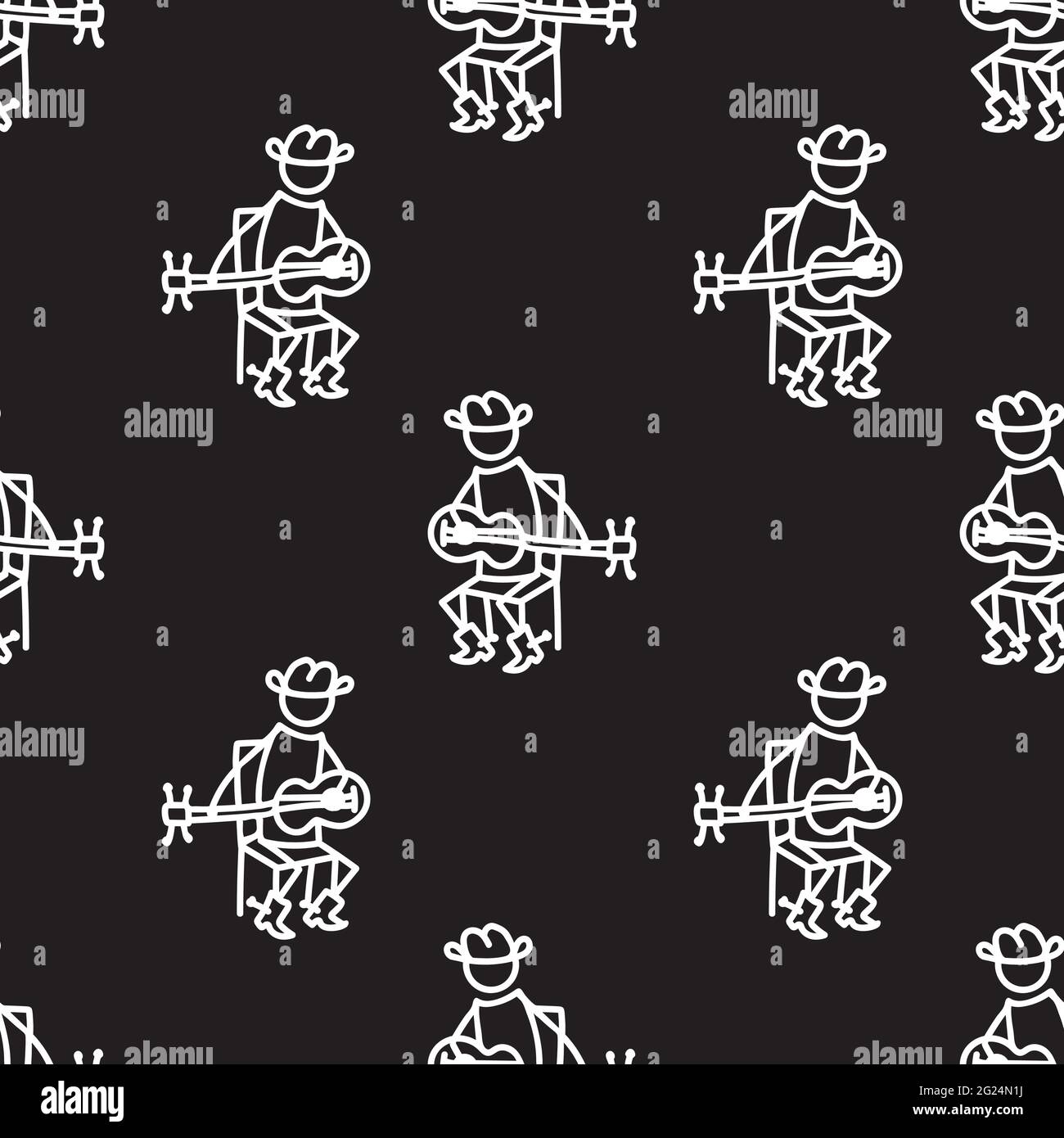 Black and white drawn stick figure of cowboy musician western seamless ...