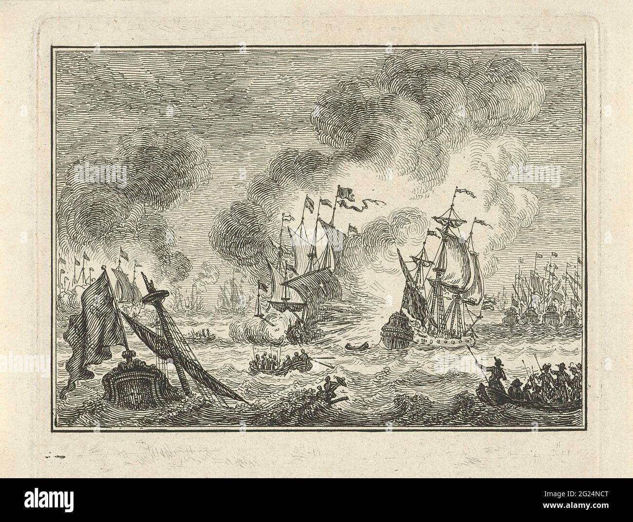 Sea battle with sinking ships; Illustration for national history ...