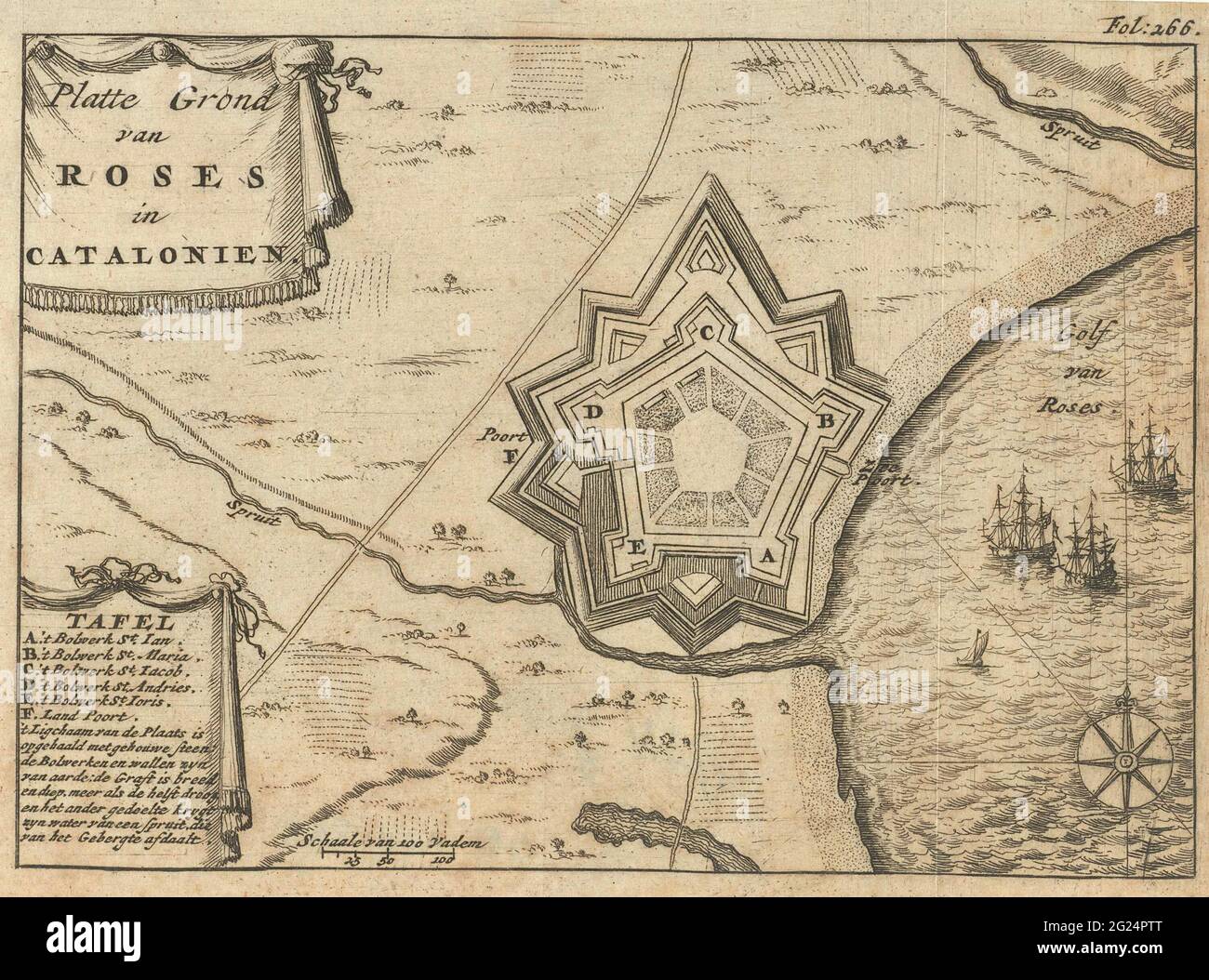 Map of Rosas; Flat land of Roses in Catalonien. Print at the top right ...