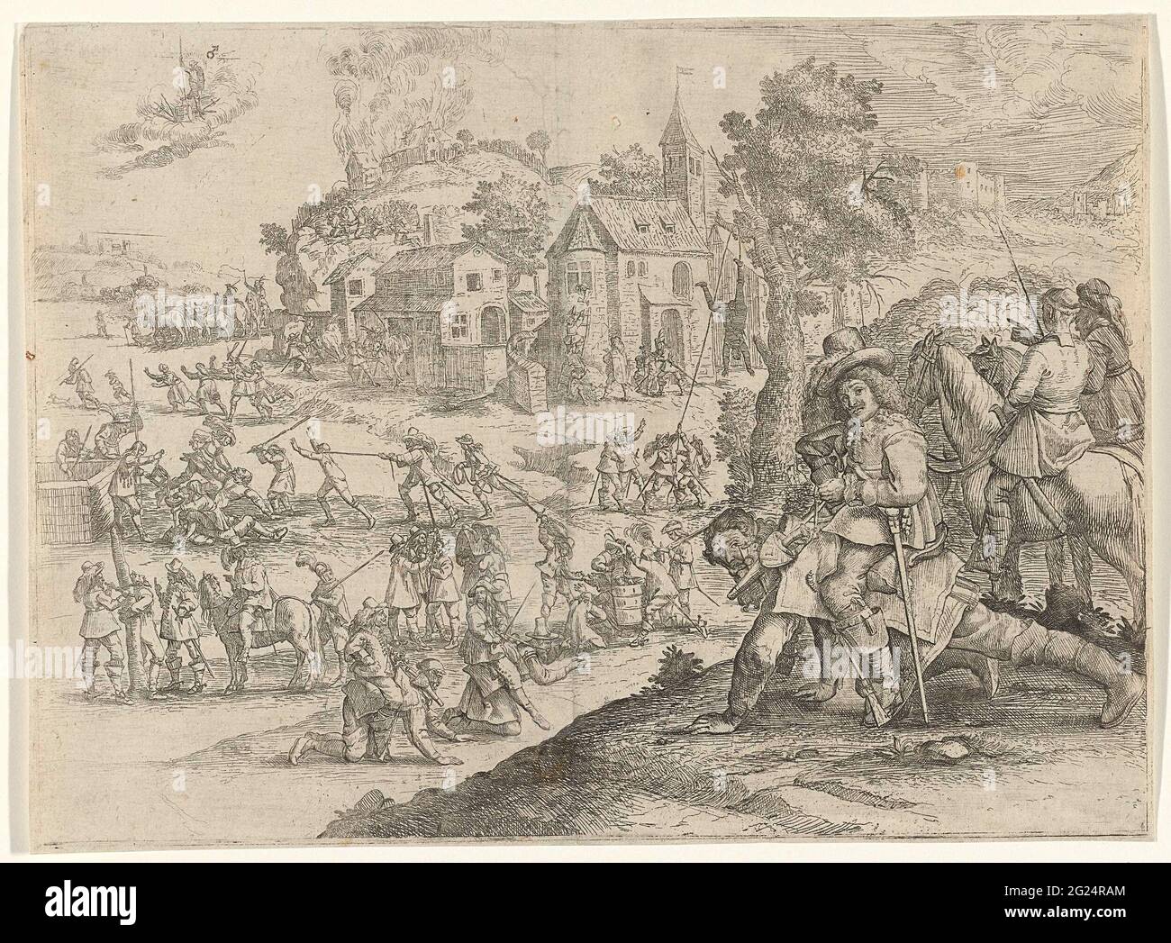 Soldiers robbed and plunder a village. A group of soldiers raises a ...