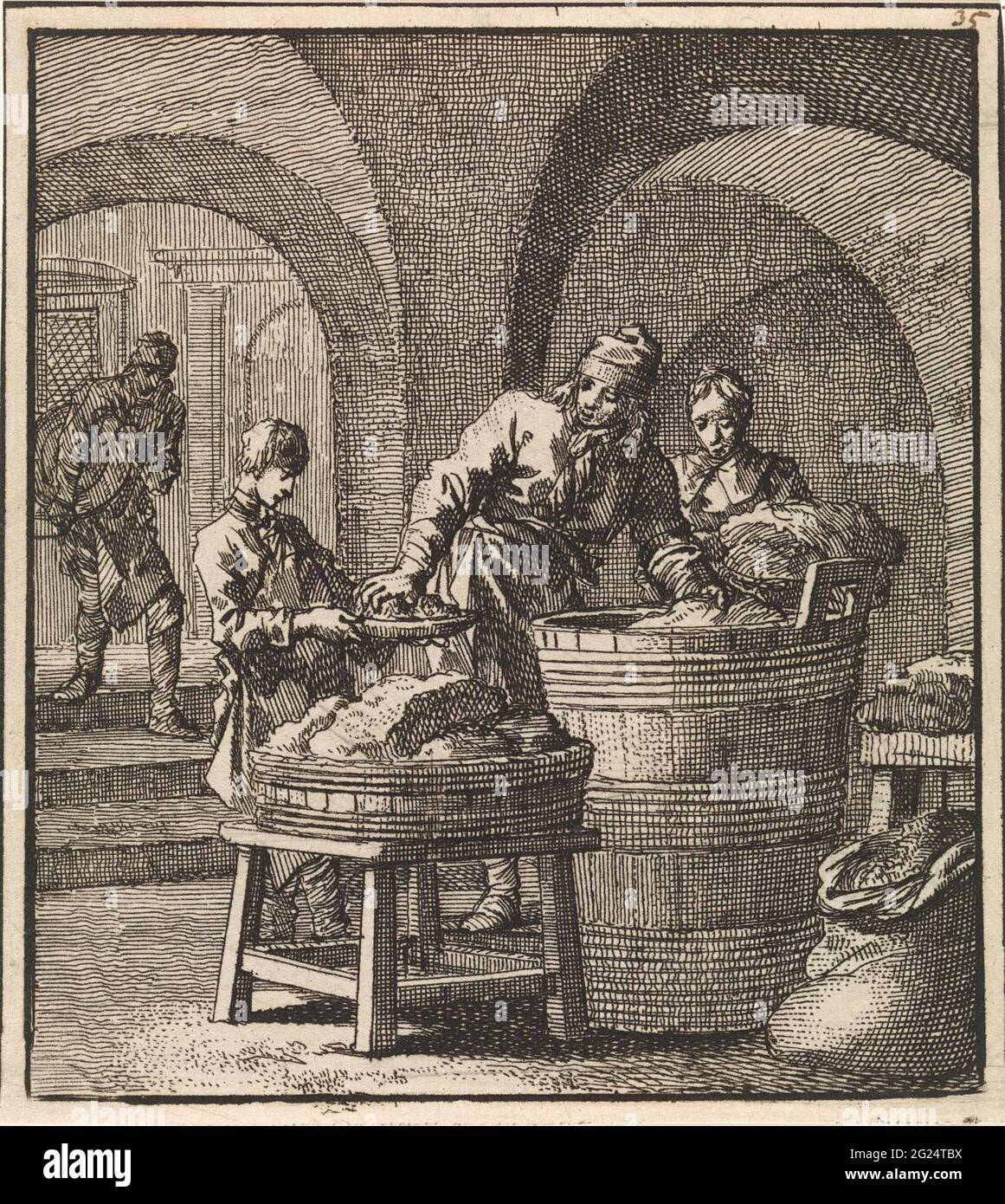 Men stop pieces of meat and salt in a barrel; The meat tub Stock Photo ...