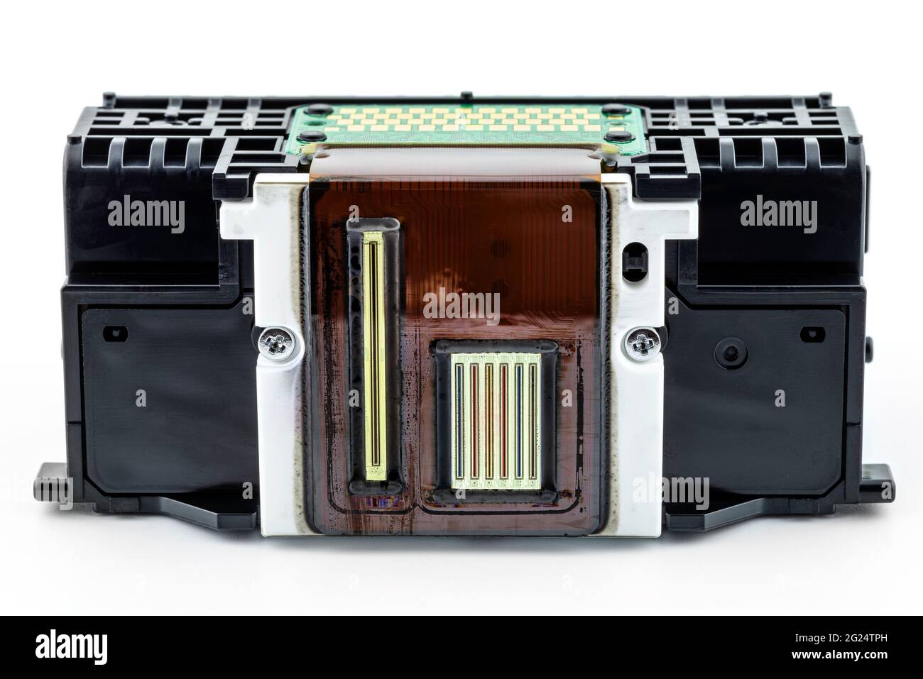 A close-up shot of the printing nozzles and electrical contacts in the ...