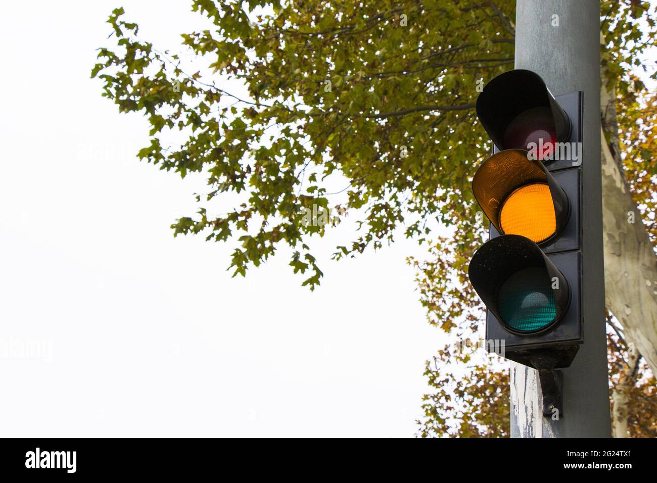 Closeup shot of a traffic light with an illuminated yellow signal Stock ...