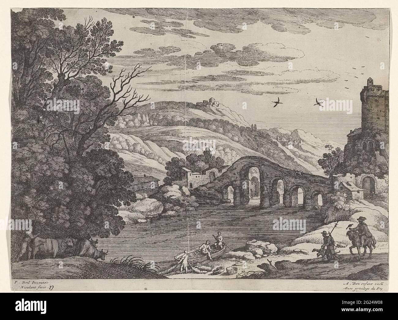 Landscape with a river; Italian landscapes. A hilly landscape is ...