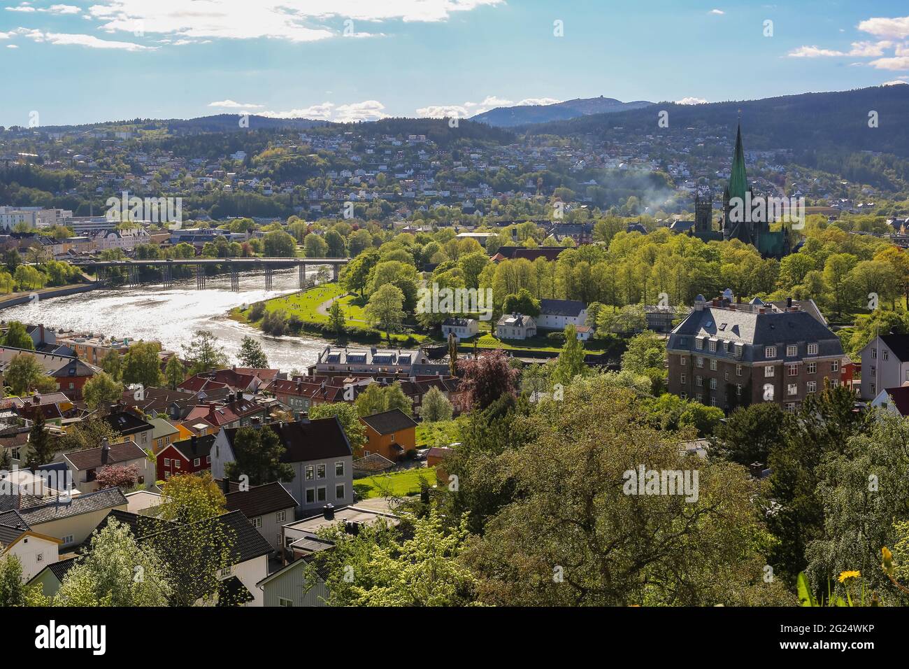 Aerial view of the river Nidelva and the cathedral Nidarosdomen in the ...