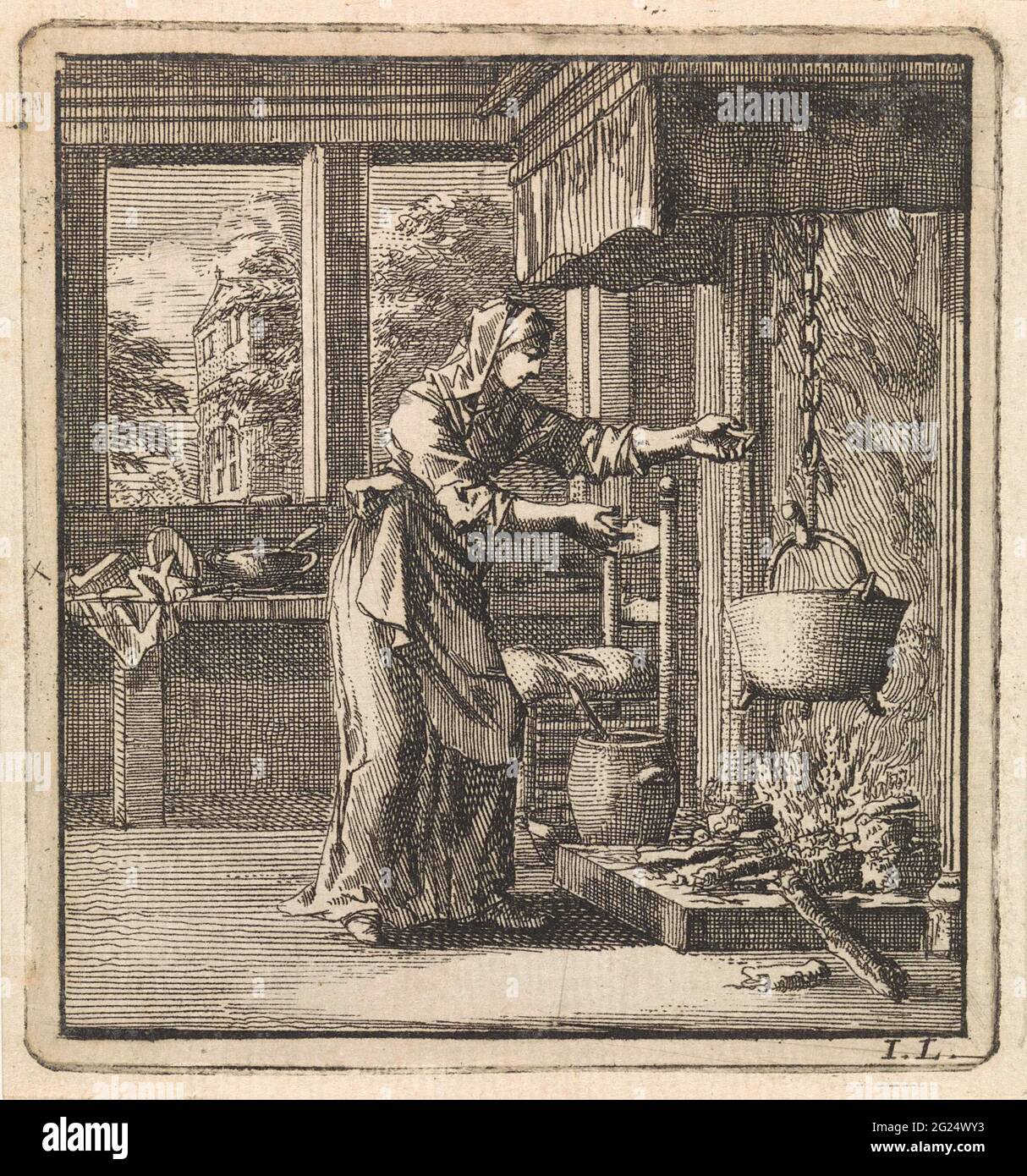 Woman reaches to the chain of a cooking pot that hangs too high above ...