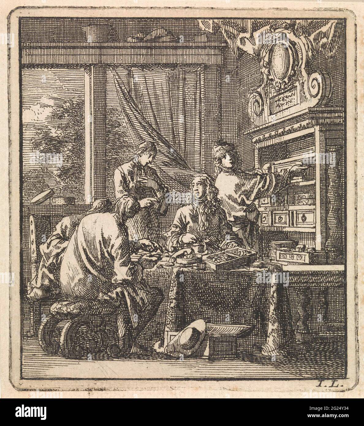 Five men view the content of various drawers from a cabinet; The ...