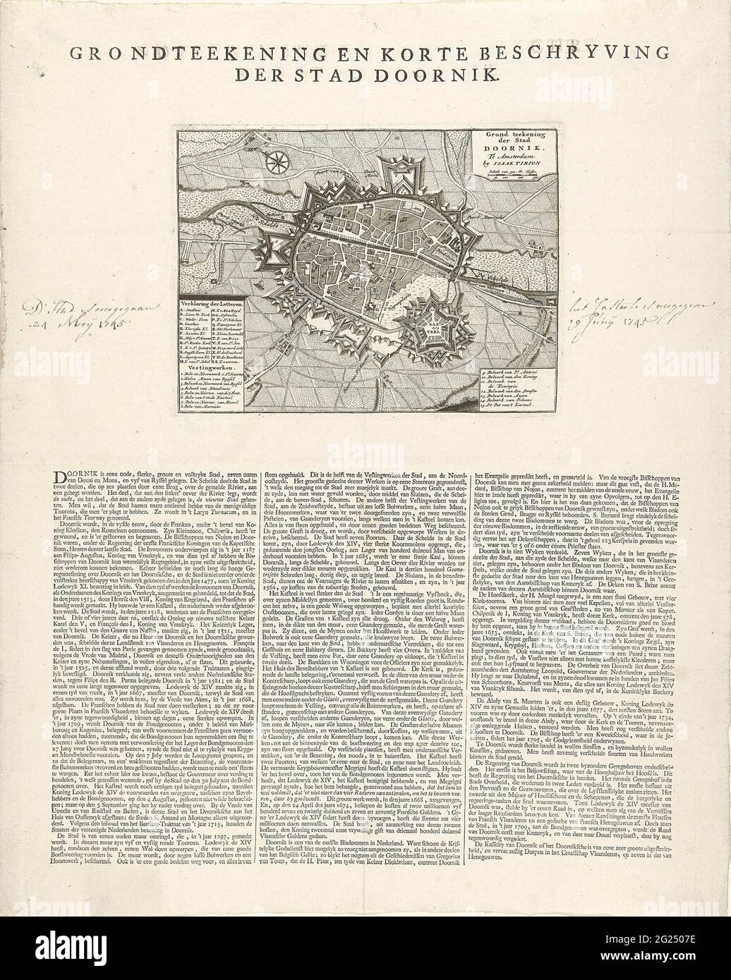 Map of Tournai with description of the city; Land drawing of the city ...