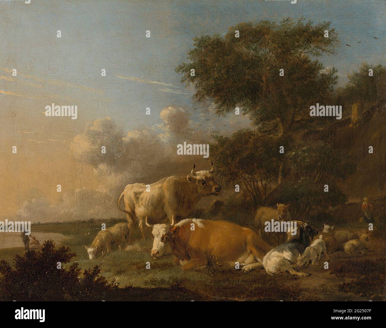 Landscape with cattle. Landscape with cattle. Right cows, sheep and a ...
