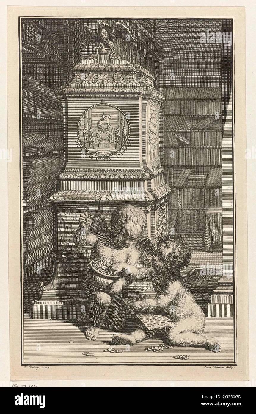 Two putti in a library. Two putti sitting in a library. The left putto ...