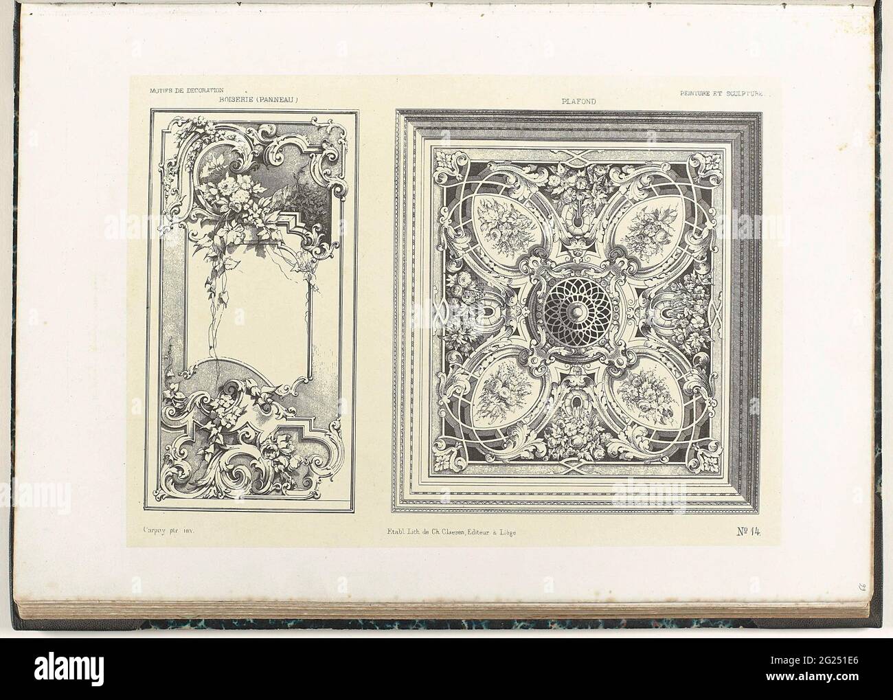 Wooden paneling and ceiling; Boiserie (Panneaux) / ceiling. On the left ...