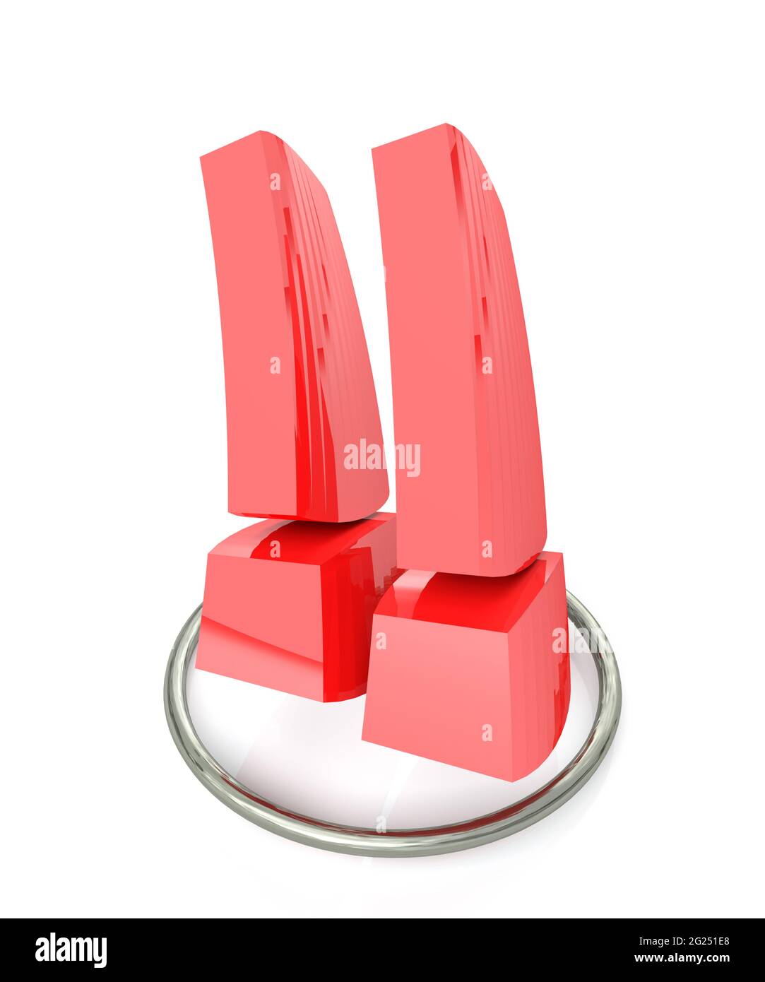 Double red exclamation point over metallic circle on white background ...